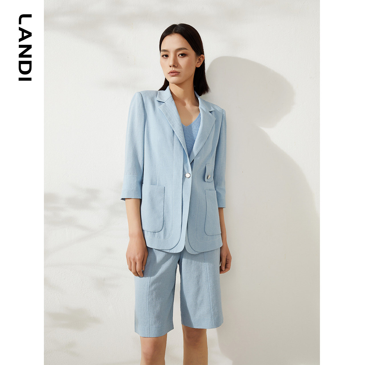 LANDI新款平驳领撞色明线西装浅蓝色西服外套休闲薄款