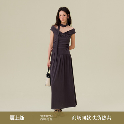 西町村屋气质连衣裙女2026夏新款扭结一字肩裙子含飘带XABB11138