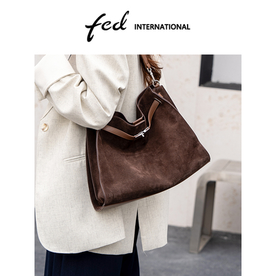 fed麂皮复古反绒磨砂皮托特包凯莉包锁扣手提包单肩斜挎包BFA9482