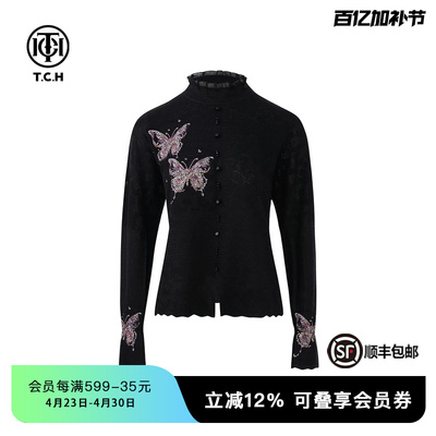 TCH私服黑色彩钻蝴蝶蕾丝打底套头针织衫秋冬新款T72C09E5160