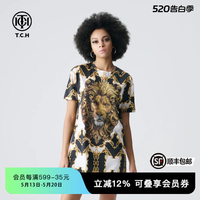 TCH春秋轻奢新款烫钻满印老虎头圆领T恤连衣裙T72B306012