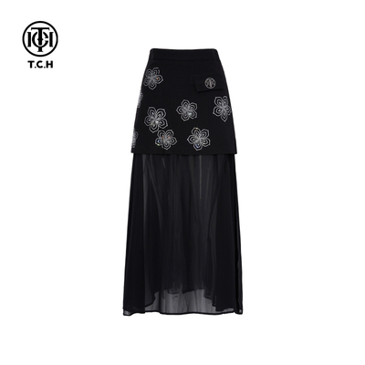 TCH私服烫钻设计感网纱拼接时尚百搭显瘦半身裙女夏季T75B22E1009