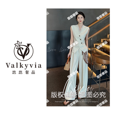【悠悠奢品】Liixu轻奢蕾丝包边马甲阔腿裤时尚套装D52TZC3028