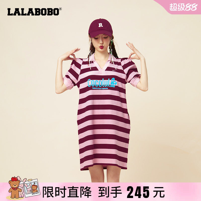 LALABOBO夏季新款兔子条纹运动宽松V领连衣裙女|CBCB-WLZY15