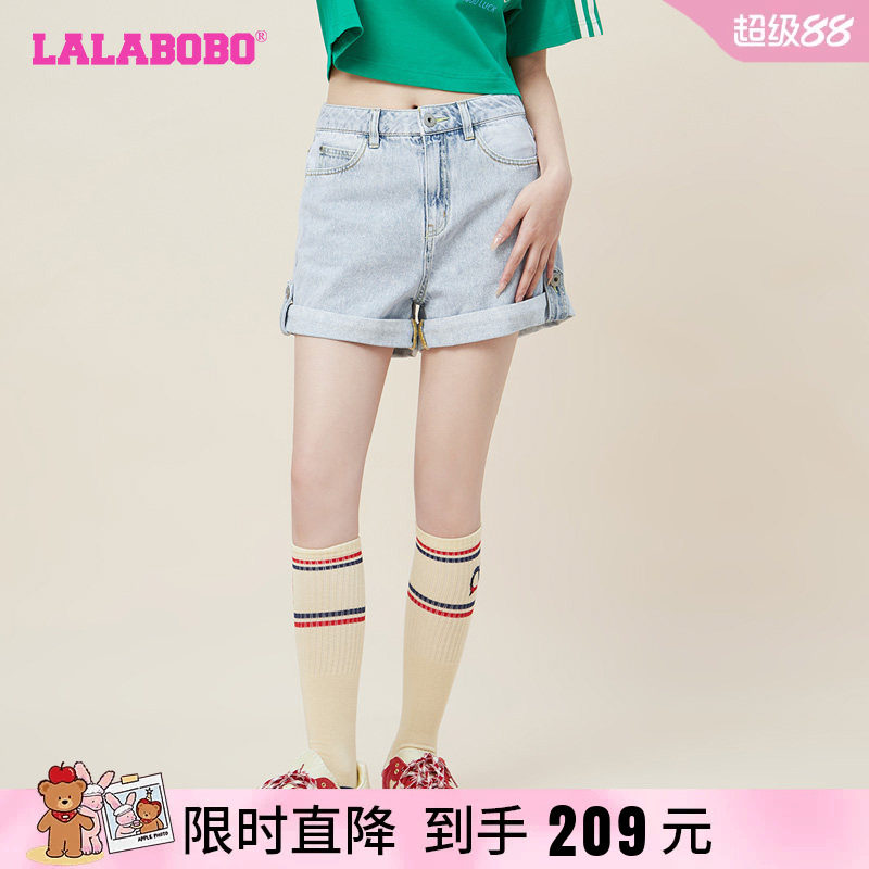 LALABOBO夏季新款复古运动高腰显瘦浅色牛仔短裤