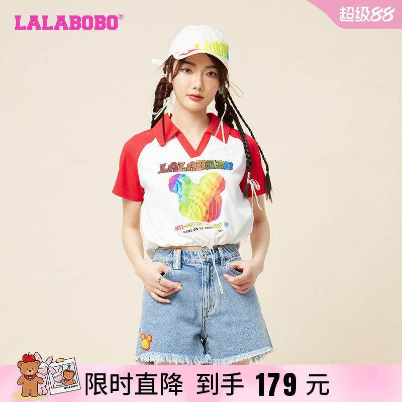 LALABOBO春夏新款彩虹甜辣风翻领短款短袖t恤
