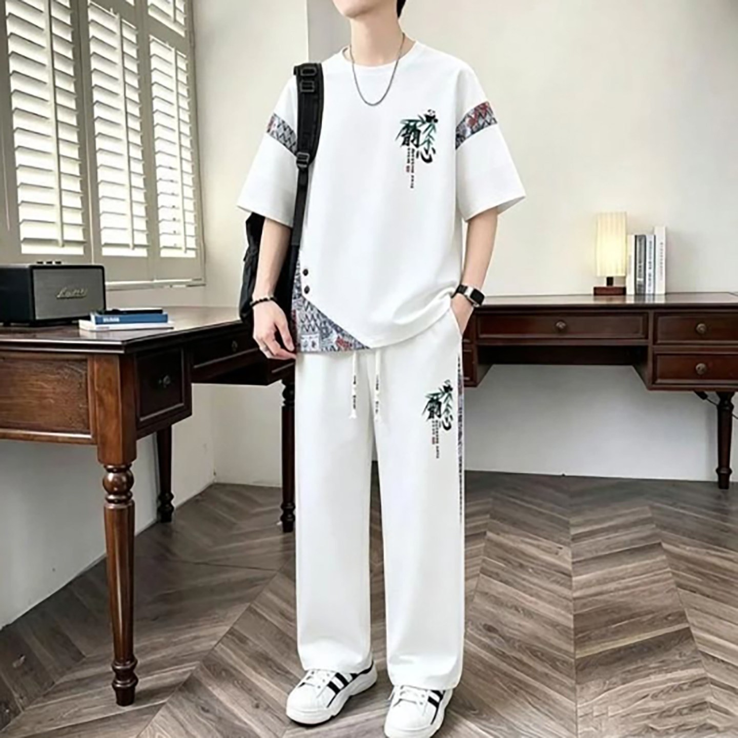 荷叶男装新中式国风韵心休闲套装2026夏季男士宽松短袖长裤两件a9