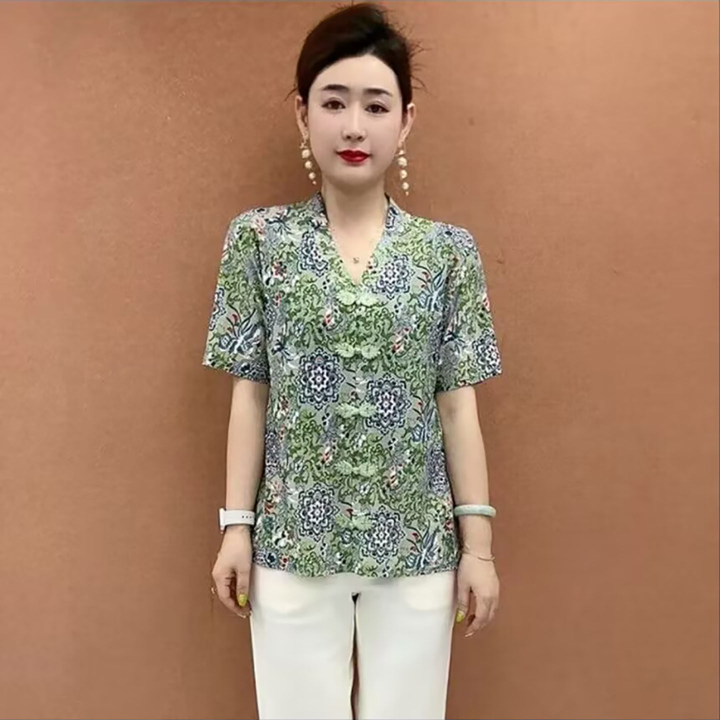 聚光点女装复古盘扣短袖小衫中老年洋气婆婆妈妈装夏季女气质上a3