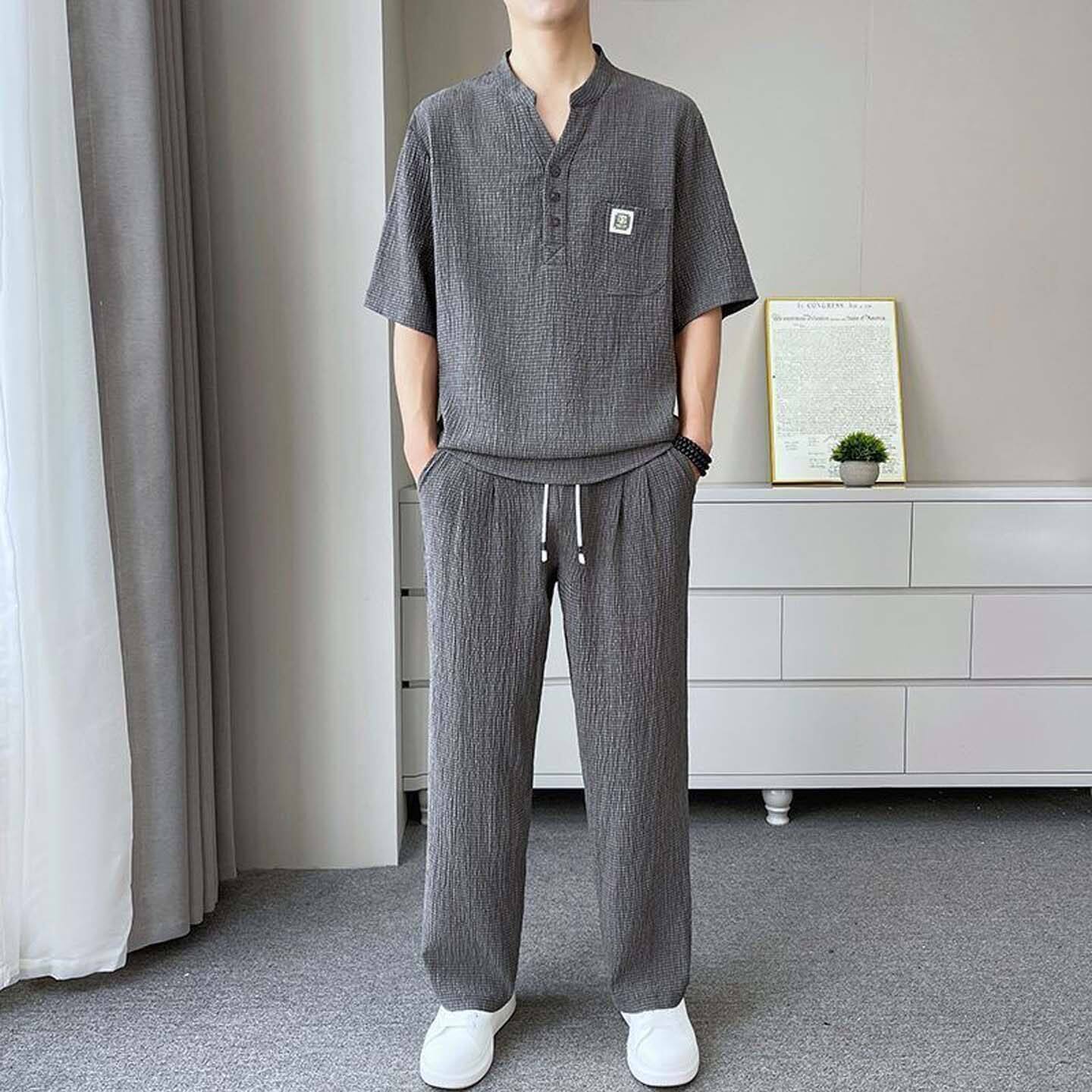 维干夏季时尚冰丝套装轻奢高级感中式两件套汉服宽松男士短袖长a8