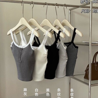 韩版蕾丝边拼接条纹吊带背心6873带胸垫女西装内搭打底衫美背内衣