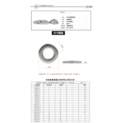 。全规格304不锈钢平垫圈/华丝平垫片M2/M3/M4/M5/M6/M8/M10-M30