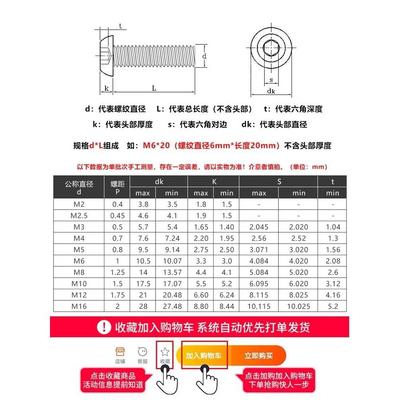 10.9级盘头/圆头内六角螺丝钉M2M3M4M5M6M8M10M121415全系列