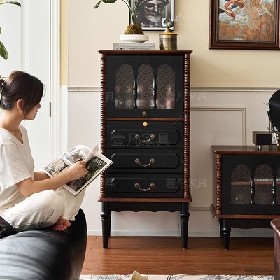 法式复古边柜实木小户型家用轻奢抽屉三斗柜客厅玻璃展示柜餐边柜