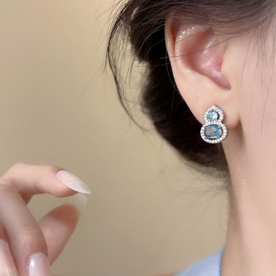 「悬月」冰蓝色葫芦耳环2025新款爆款高级感小众耳夹女无耳洞耳饰