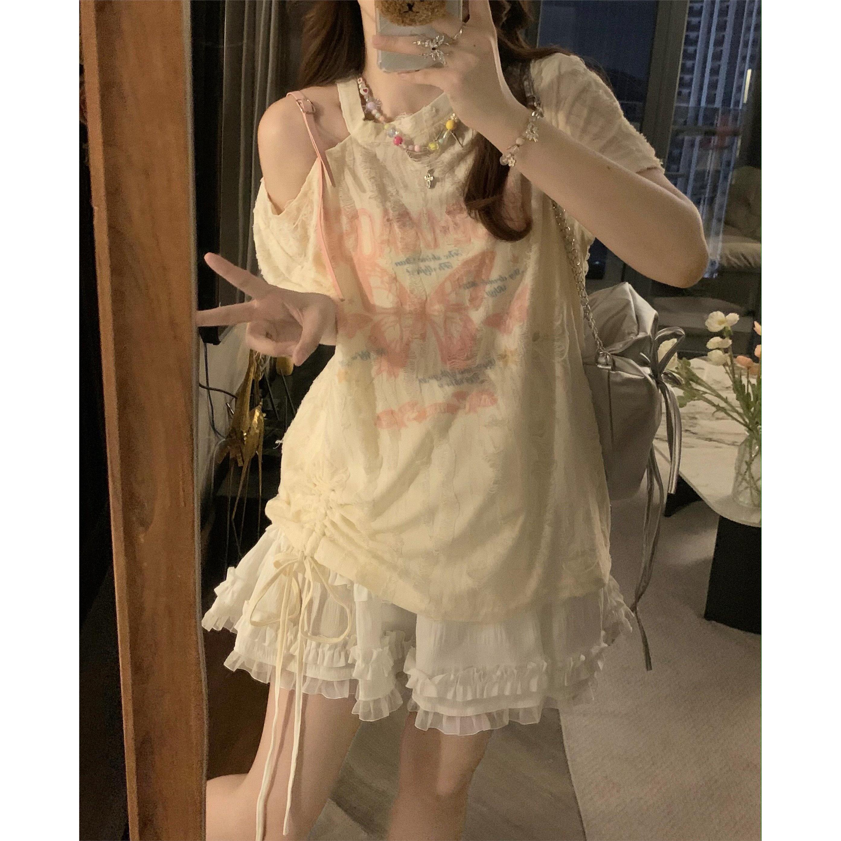 大尺码纯欲露肩印花抽绳短袖T恤女夏季新款设计感小众别致宽松上