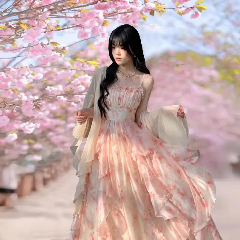 夏日绝美小裙子穿搭粉色公主裙吊带洋装子法式薄纱超仙气套装女