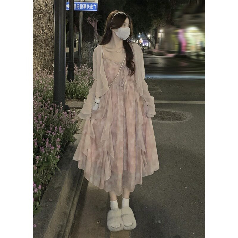 粉色碎花温柔风吊带裙开衫两件套小个子仙女洋装女夏款裙子套装