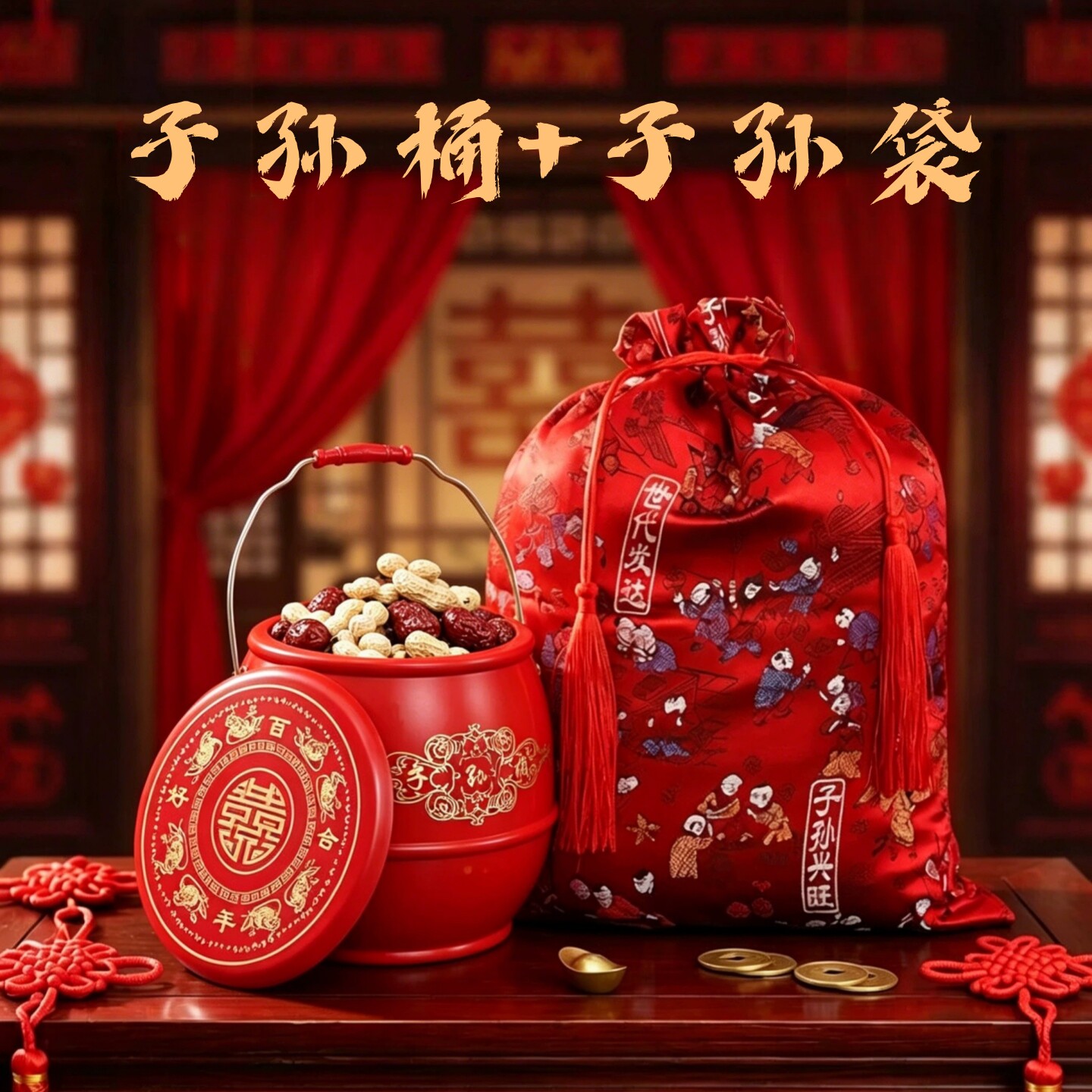 结婚陪嫁子孙袋百子图子孙兴旺代代相传新娘嫁妆装子孙桶手拿袋