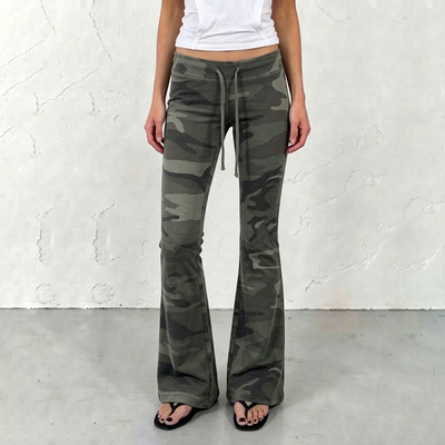 Casual camouflage flared pants辣妹休闲低腰松紧腰迷彩喇叭裤女