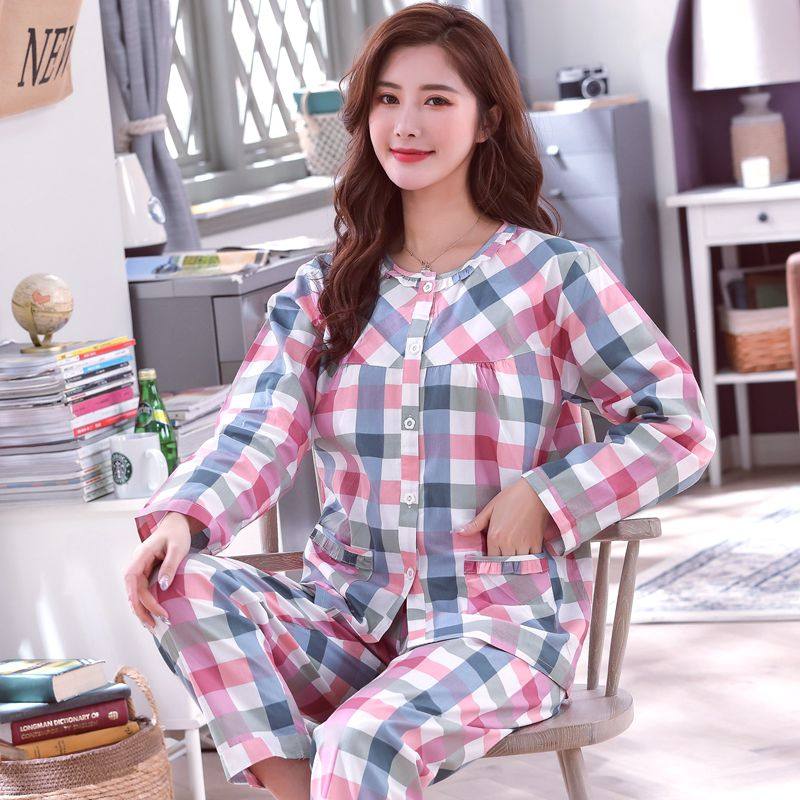 睡衣女士春秋季纯棉长袖薄款梭织全棉布大码格子家居服女春夏套装
