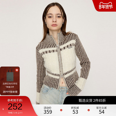 SLY 24冬季新品撞色软糯直筒立领拉链针织开衫女030HAR70-4861