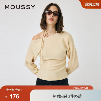 moussy 春季法式优雅斜肩蝴蝶结丝带针织衫010HAH70-4281