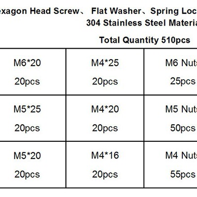 328pcs/510pcs/324pcs 不锈钢304 外六角螺丝配螺母垫片组合套