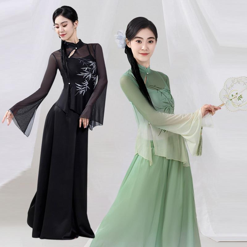 汉雅阁古典舞服装黑色竹叶印花旗袍领纱衣身韵服中国舞舞蹈演出服