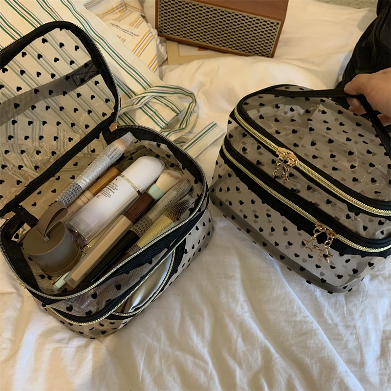 双层~网纱手提化妆包爱心透明高级感大容量家用旅行收纳洗漱包女