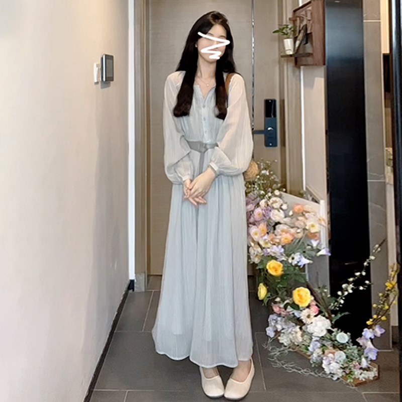 速发蓝色连衣款子夏季2024裙新早秋装高级感轻奢韩系氛围感穿搭长