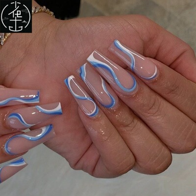 24Pcs Detachable Long Coffin False Nails with Blue Sky Desig