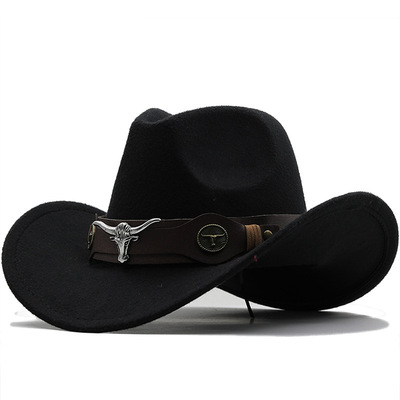 New Wome Men Black Wool Chapeu Western Cowboy Hat跨境代1