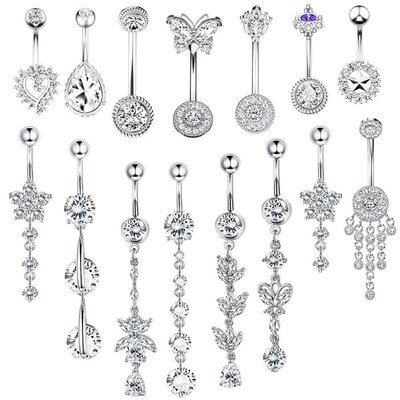 PC New CZ Belly Button Rings Long Dangled Bar Belly