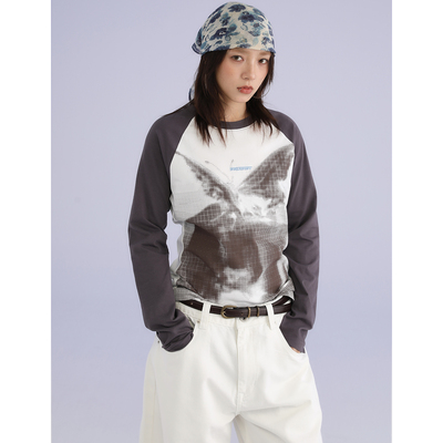 FROM WRTING字由蝴蝶剪影印花修身长袖T恤女2025秋季新款显瘦上衣