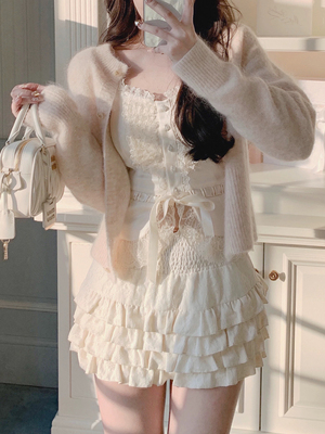 CreamySweet 奶油牌少女感 显瘦黑白蕾丝蓬蓬蛋糕半身裙高腰短裙