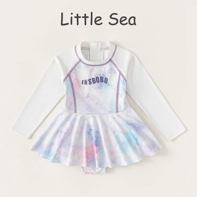 儿童连体三角运动游泳衣夏季新款女宝宝长袖防晒裙式沙滩度假泳装