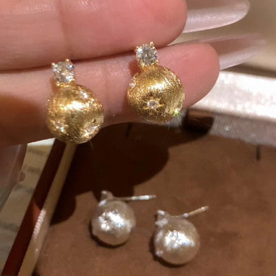 法式复古拉丝镶钻星芒圆球耳钉女