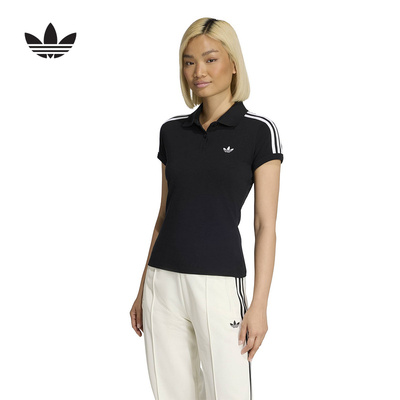 adidas阿迪达斯三叶草黑色修身T恤2026夏女短袖翻领POLO衫 KD7974