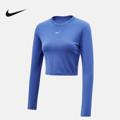 Nike耐克女子短款长袖上衣春季新款休闲刺绣针织打底衫HF5323-460