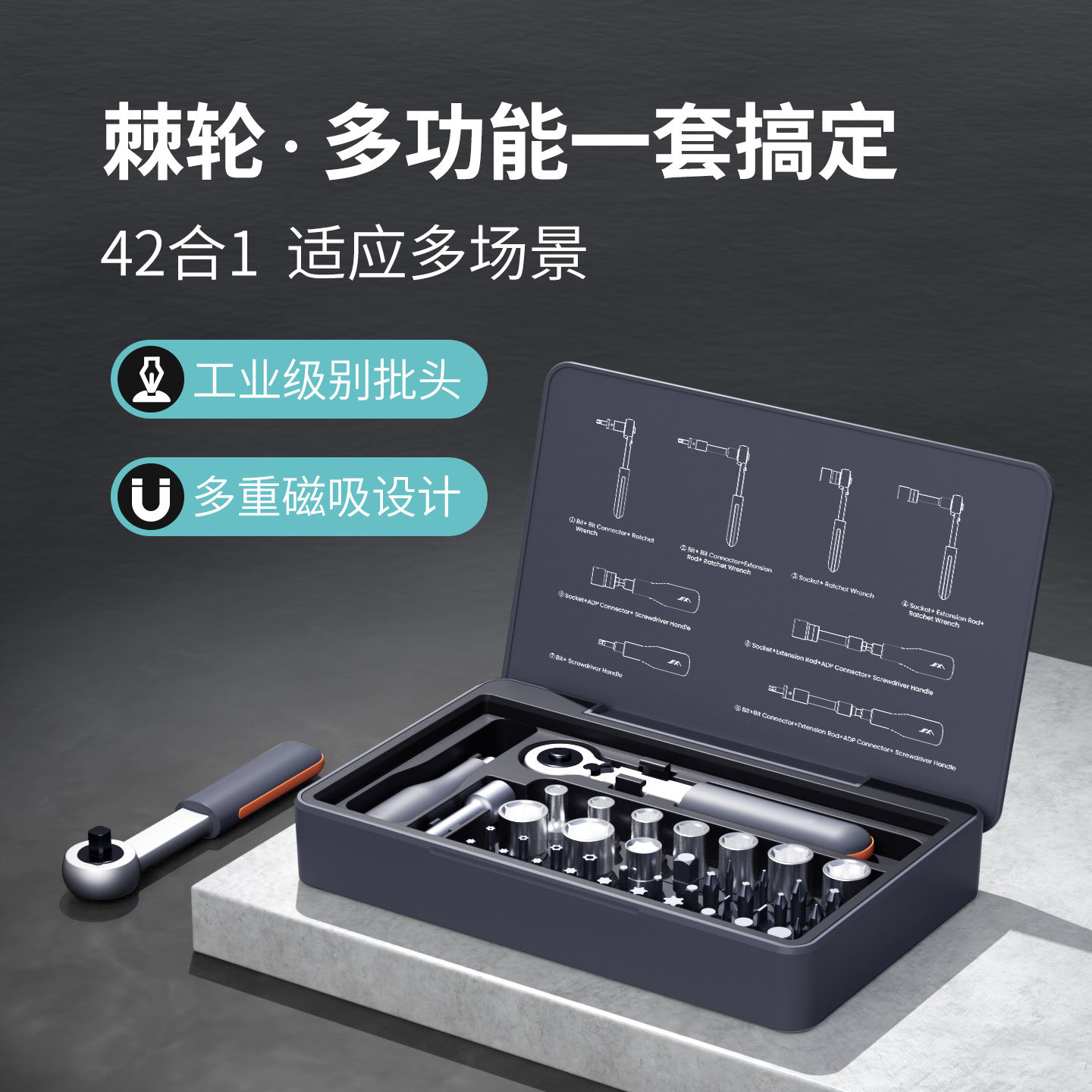 吉米R42棘轮螺丝刀套装多功能家用批头十字一字批正反转弯头工具
