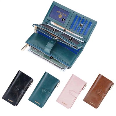 Oil Wax Leather Women's Long Wallet With Double Zipper Buckl