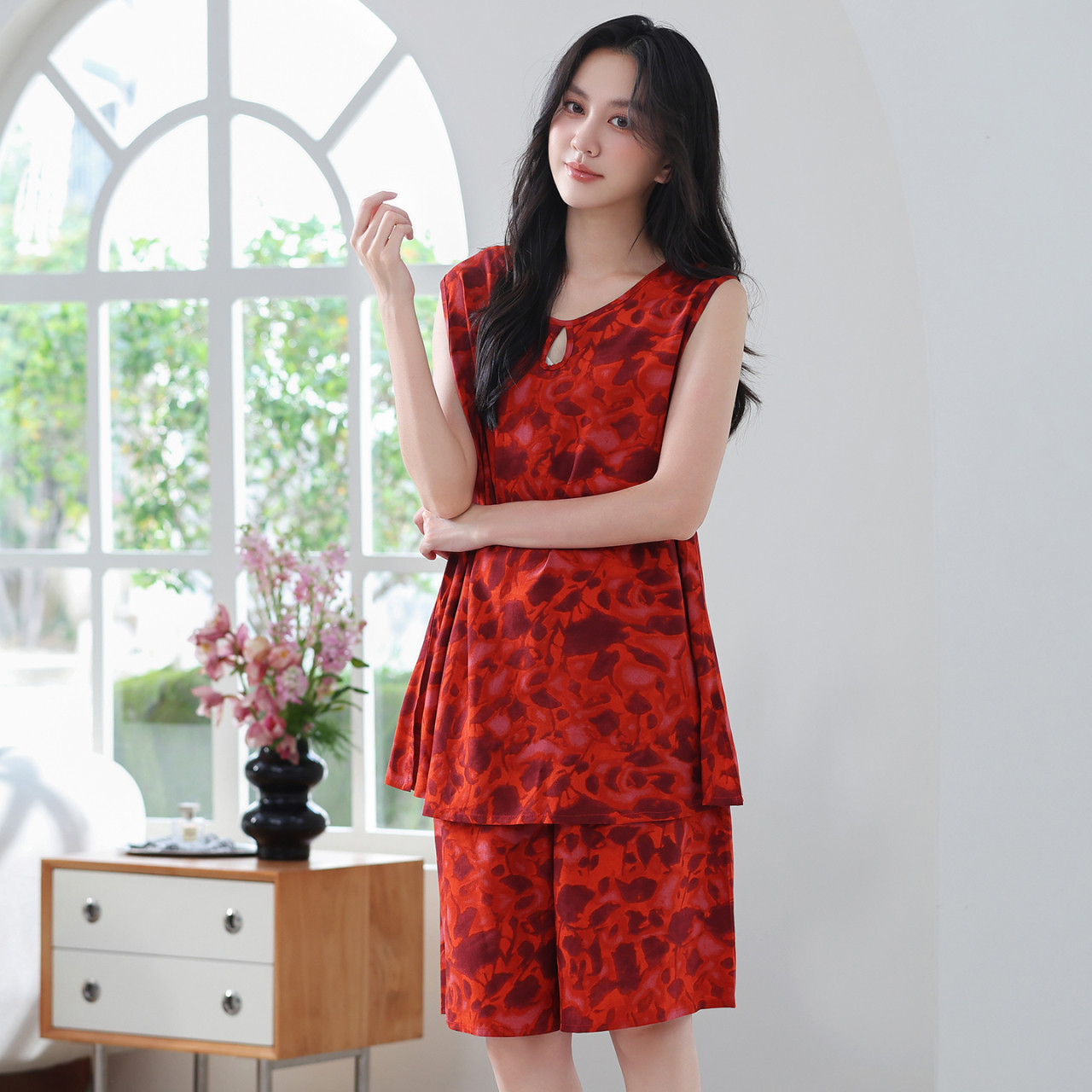女士人造棉睡衣夏季薄款无袖背心短裤红色印花棉绸家居服套装宽松