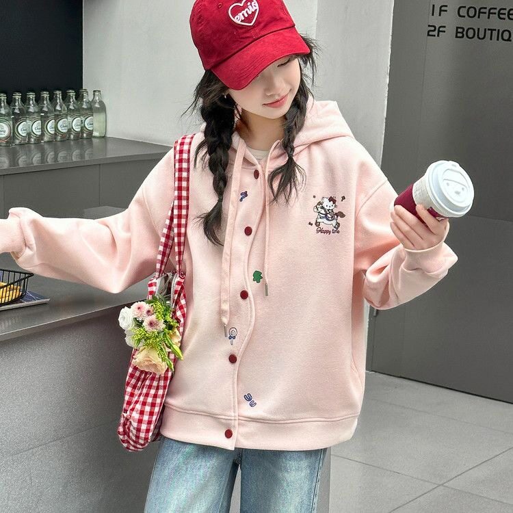 七色俏 女童2026新款春秋连帽卫衣开衫外套儿童宽松百搭校园日常