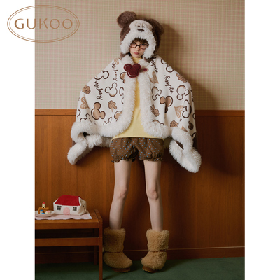 Gukoo/果壳睡衣女冬款米奇系列卡通满印斗篷连帽居家服套装