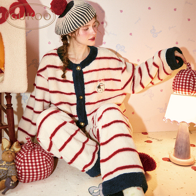 Gukoo/果壳睡衣女冬款加绒海军领横条纹家居服套装