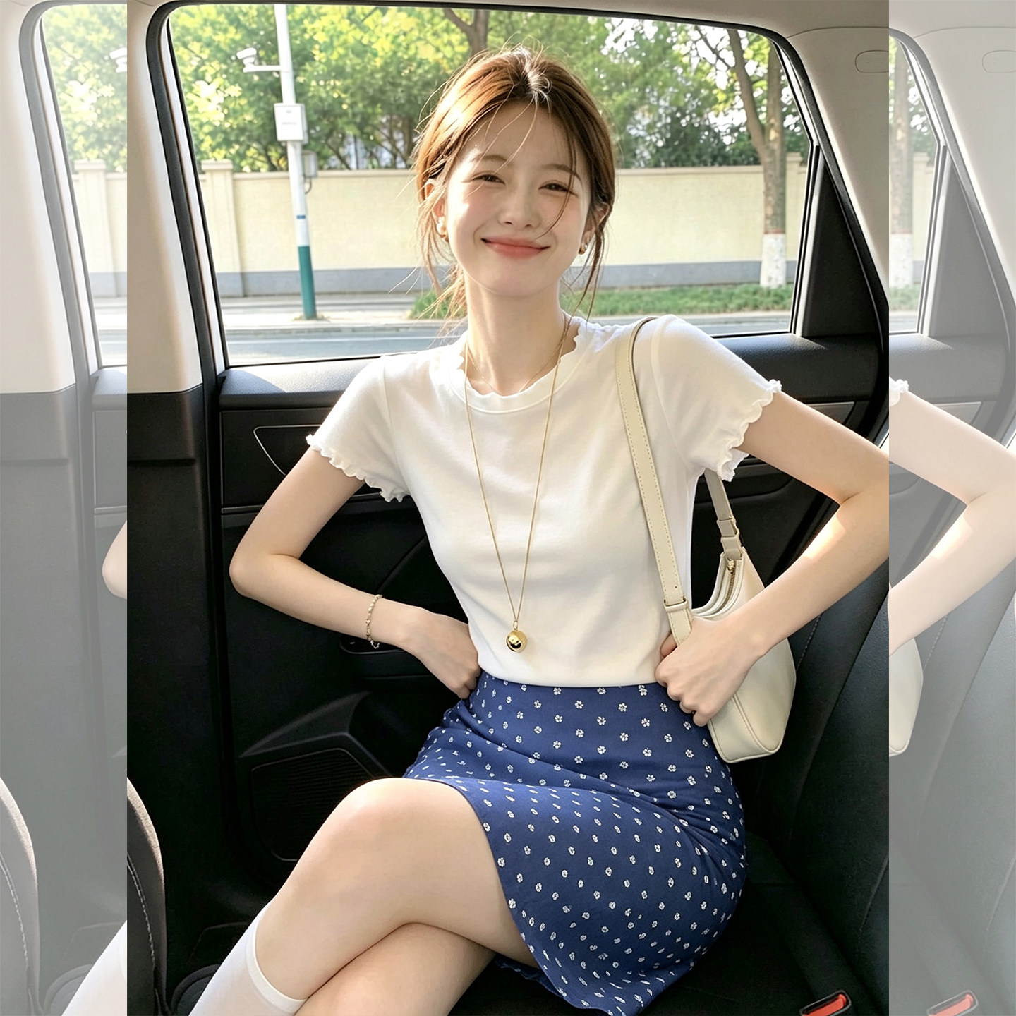 木耳边白色短袖T恤上衣碎花半身短裙两件套女士夏日绝美韩系套装