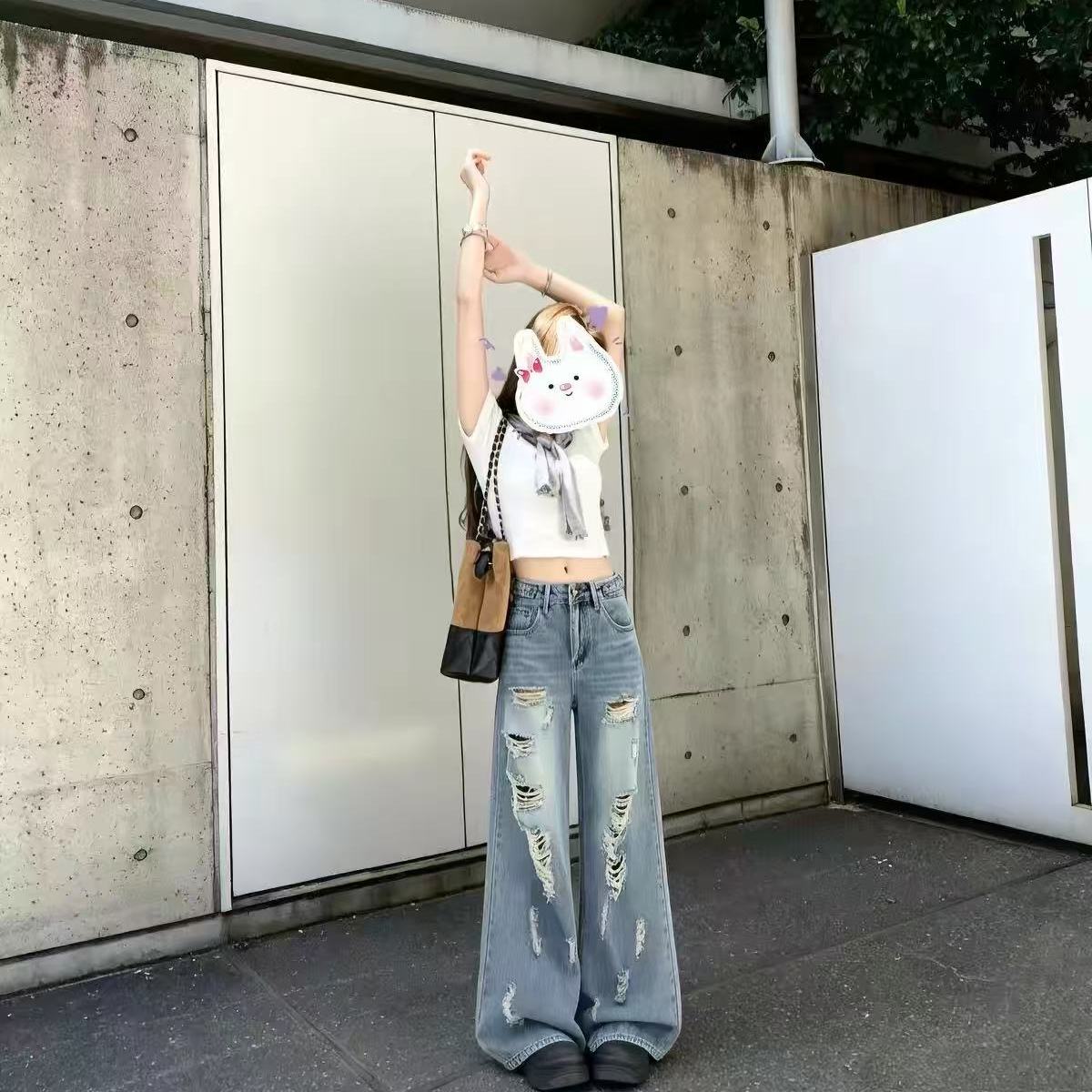 破洞牛仔裤女夏季2026新款设计感高腰显瘦百搭宽松休闲阔腿拖地裤