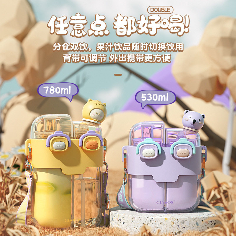 儿童水杯学生大容量便携水壶带吸管塑料杯网红分仓