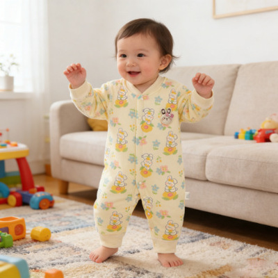 2026年春季新款卡通印花连体衣40克薄棉闭裆哈衣男女宝宝外出服