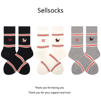 韩系白色条纹小狗袜子女中筒袜